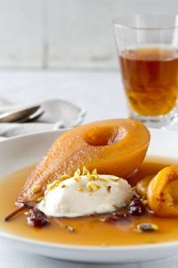 Tea Poached Pears with Apricots and Cherries - A Communal Table